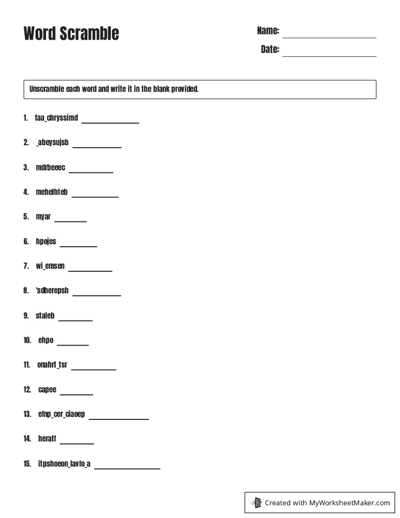Word Scramble - My Worksheet Maker: Create Your Own Worksheets