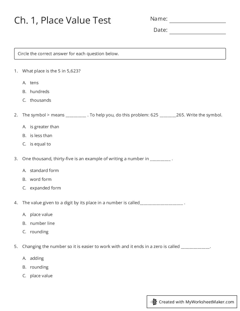 Ch. 1, Place Value Test - My Worksheet Maker: Create Your Own Worksheets