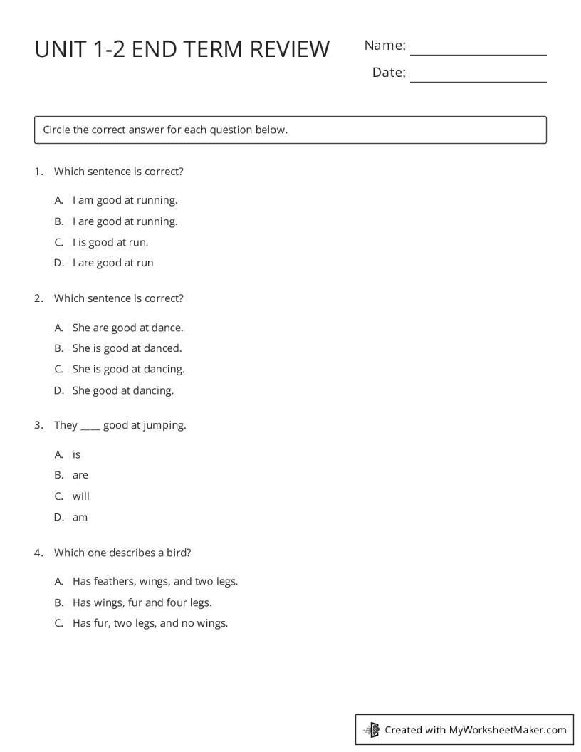 UNIT 1-2 END TERM REVIEW - My Worksheet Maker: Create Your Own Worksheets