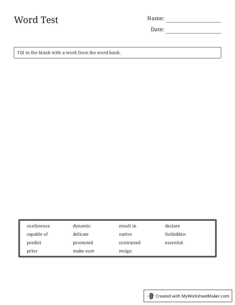 Word Test - My Worksheet Maker: Create Your Own Worksheets