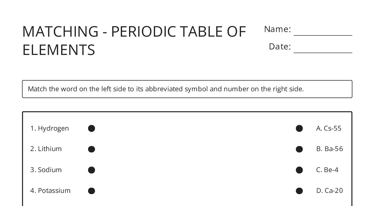 MATCHING - PERIODIC TABLE OF ELEMENTS - My Worksheet Maker: Create Your ...