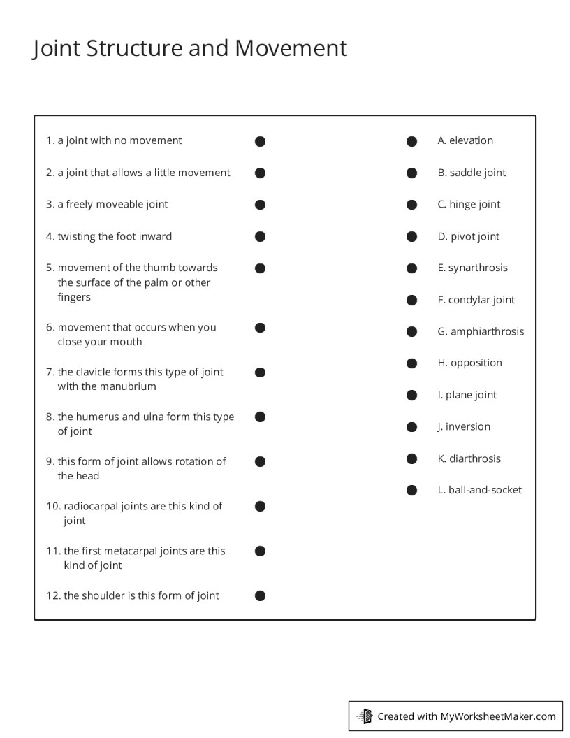 Joint Structure and Movement - My Worksheet Maker: Create Your Own ...