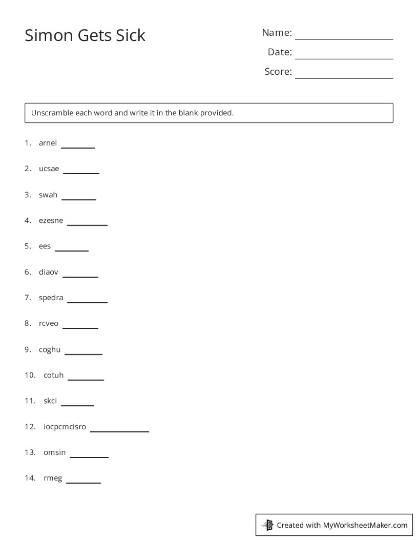 Simon Gets Sick - My Worksheet Maker: Create Your Own Worksheets