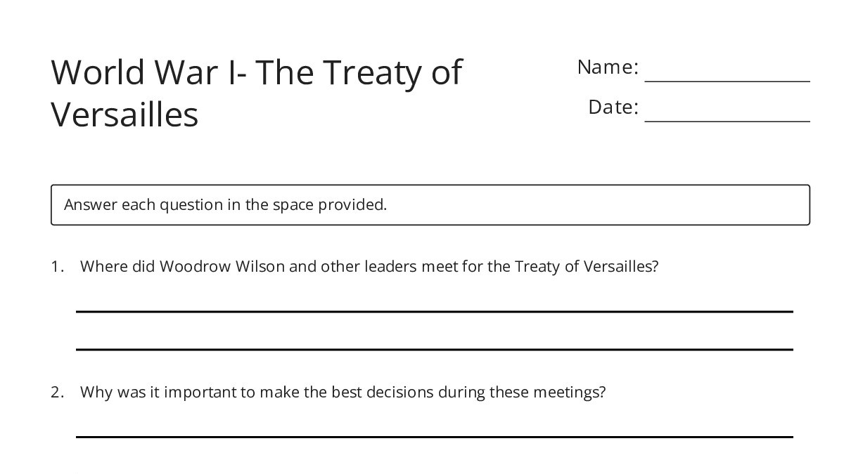 World War I- The Treaty of Versailles - My Worksheet Maker: Create Your ...