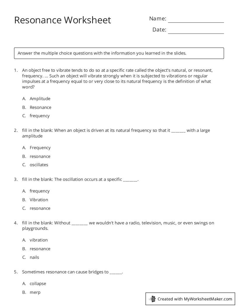 Resonance Worksheet - My Worksheet Maker: Create Your Own Worksheets