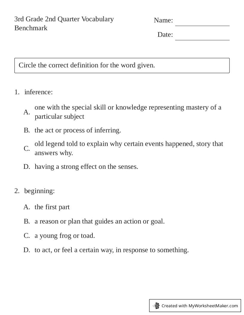3rd Grade 2nd Quarter Vocabulary Benchmark - My Worksheet Maker: Create ...