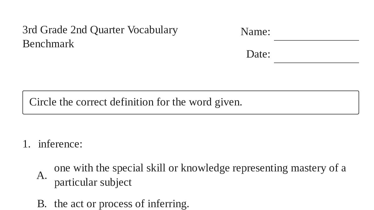 3rd Grade 2nd Quarter Vocabulary Benchmark - My Worksheet Maker: Create ...