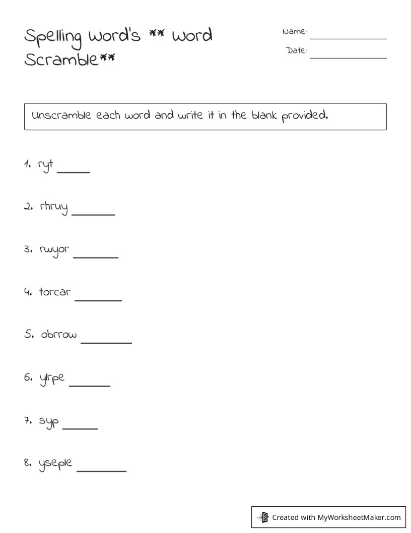 Spelling Word's ** Word Scramble** - My Worksheet Maker: Create Your ...