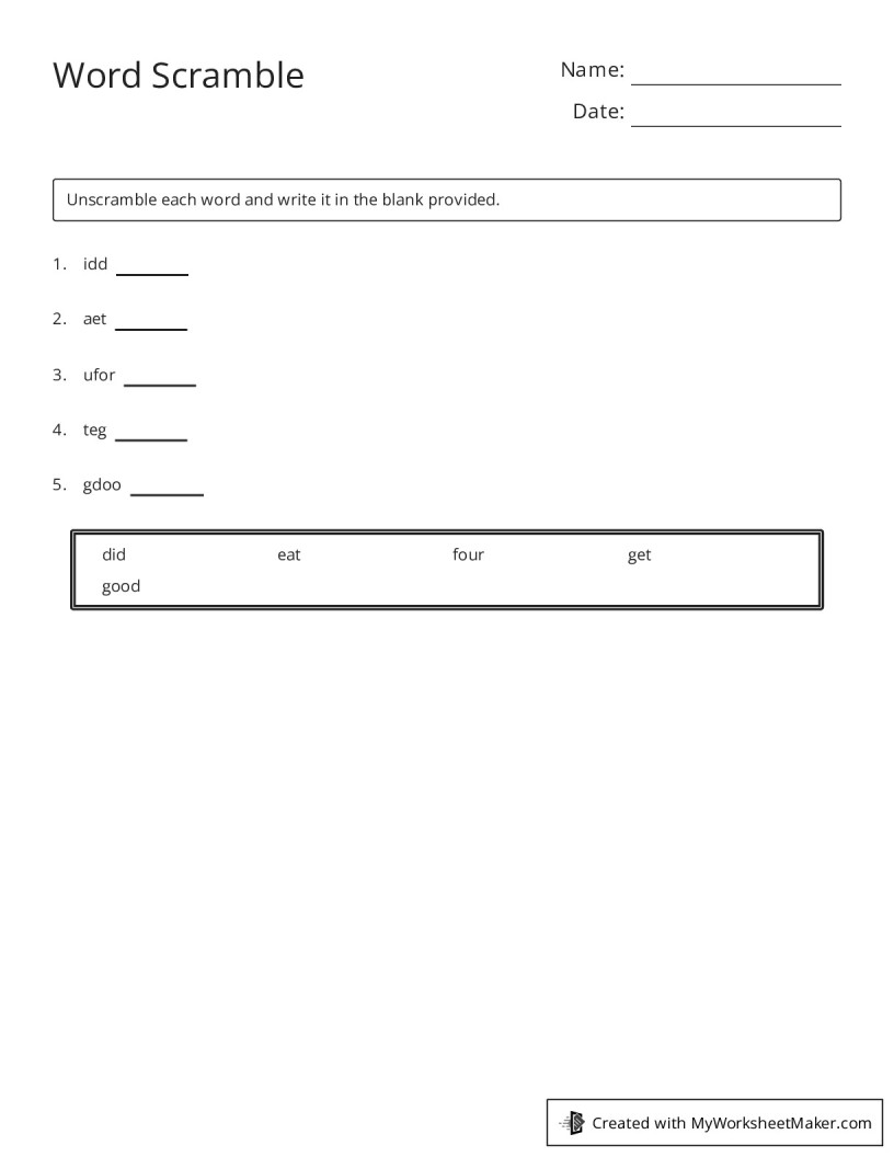 Word Scramble - My Worksheet Maker: Create Your Own Worksheets