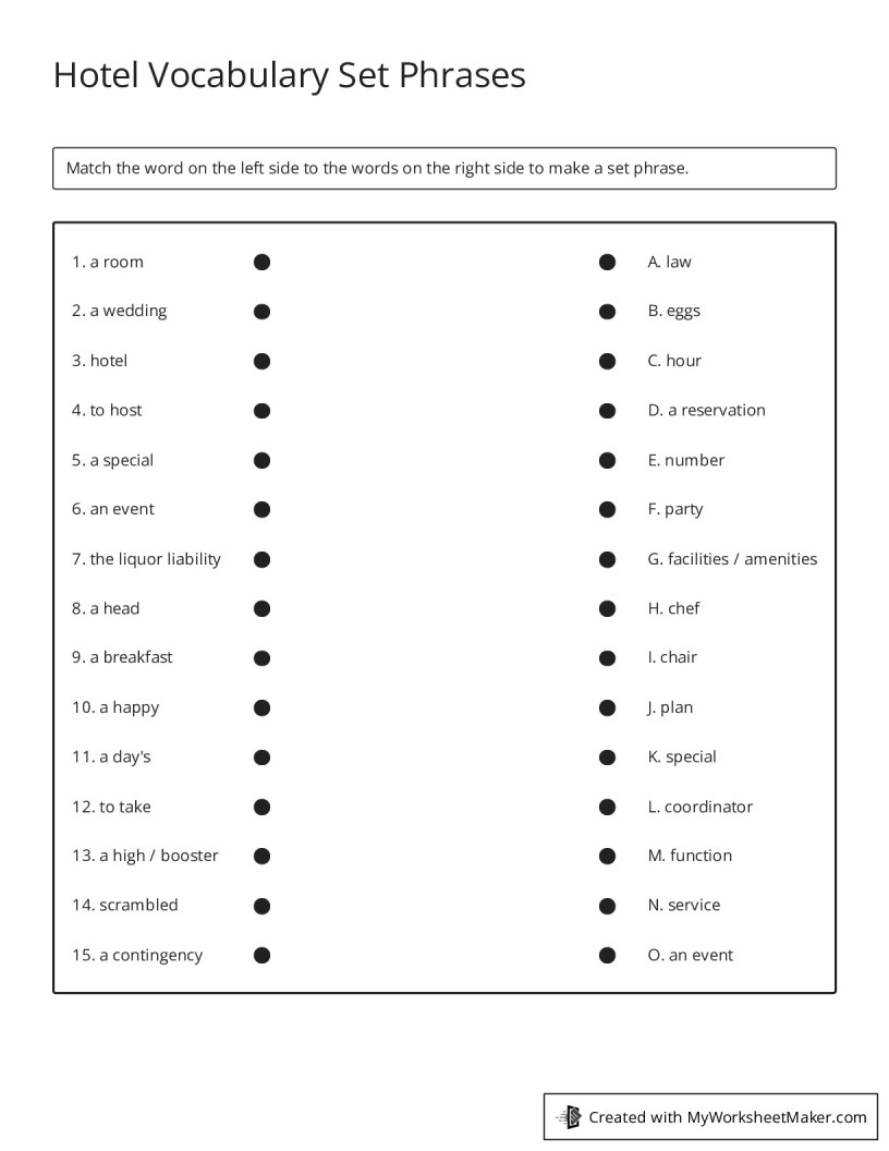 Hotel Vocabulary Set Phrases - My Worksheet Maker: Create Your Own ...