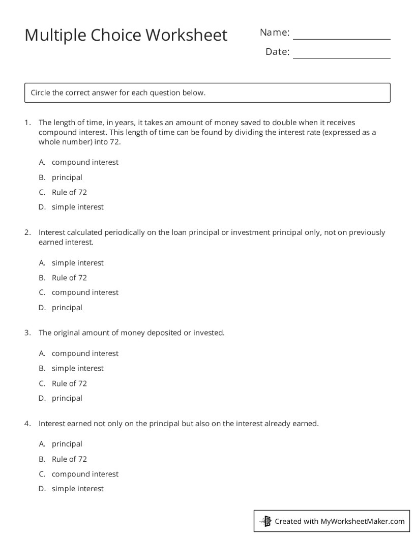 Multiple Choice Worksheet - My Worksheet Maker: Create Your Own Worksheets