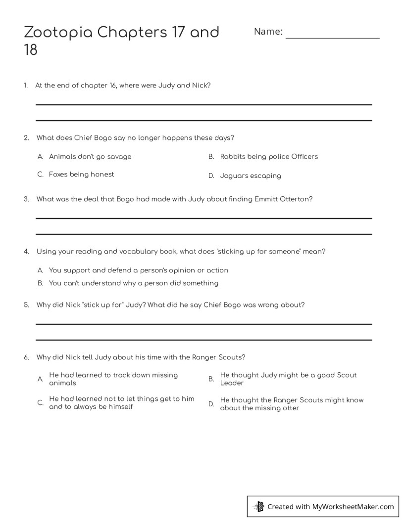 Zootopia Chapters 17 and 18 - My Worksheet Maker: Create Your Own ...