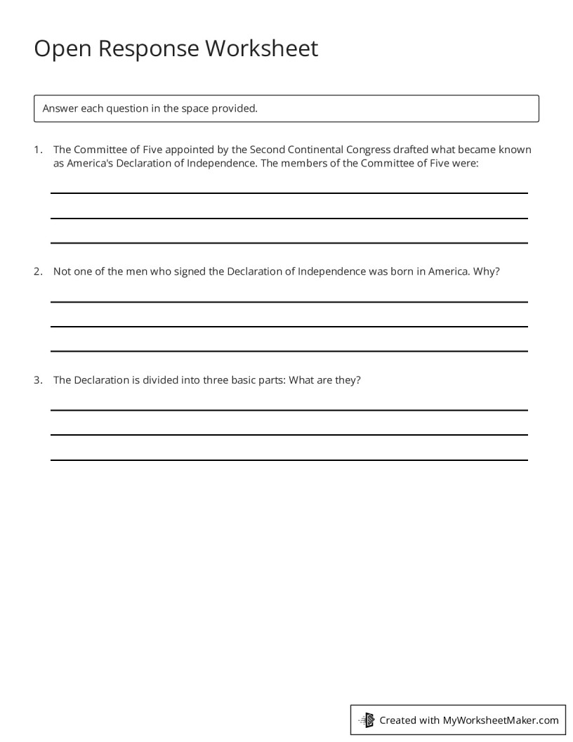 Open Response Worksheet - My Worksheet Maker: Create Your Own Worksheets