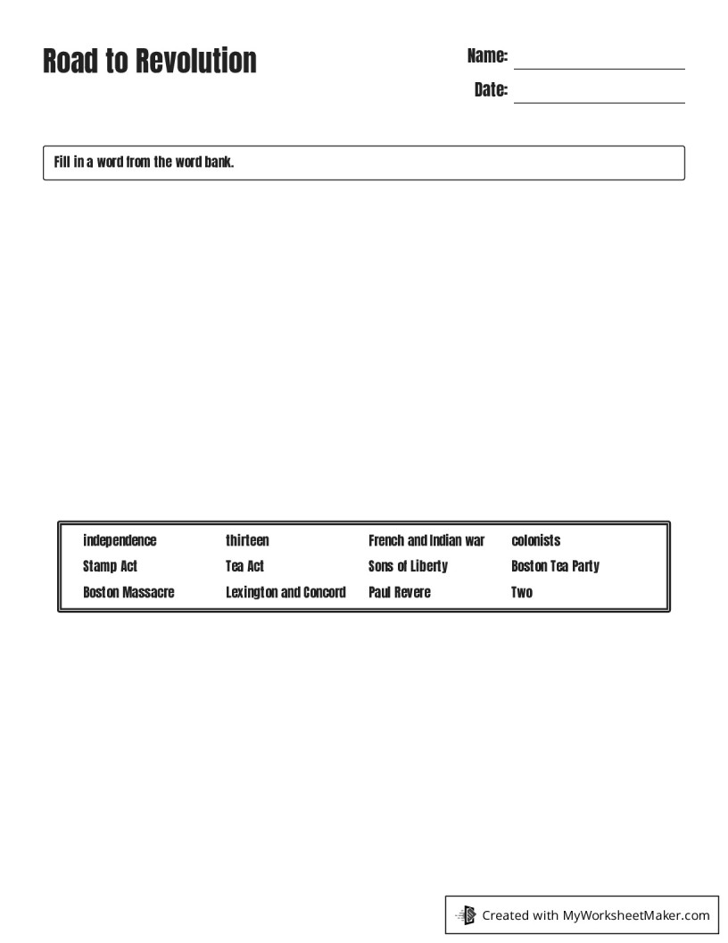 Road to Revolution - My Worksheet Maker: Create Your Own Worksheets