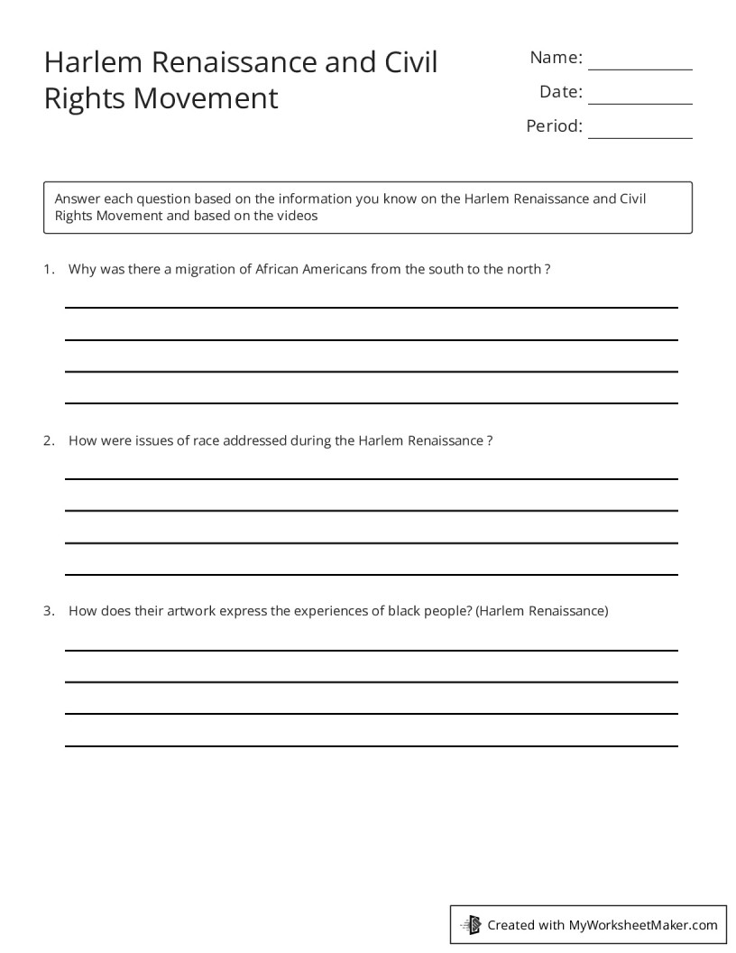 Harlem Renaissance and Civil Rights Movement - My Worksheet Maker ...