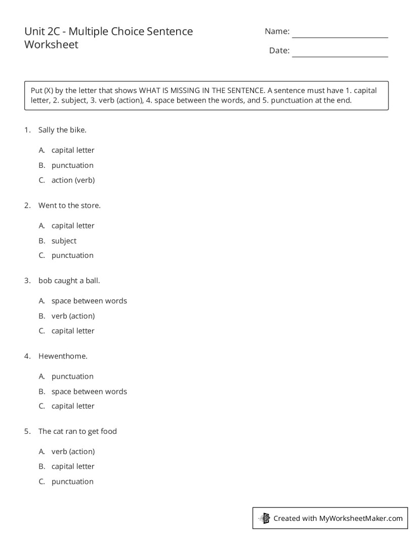 Unit 2C - Multiple Choice Sentence Worksheet - My Worksheet Maker ...