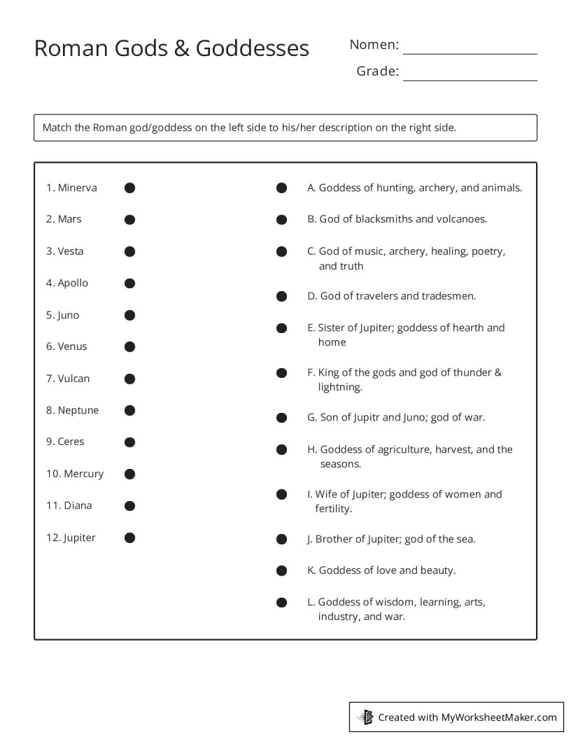 Roman Gods & Goddesses - My Worksheet Maker: Create Your Own Worksheets
