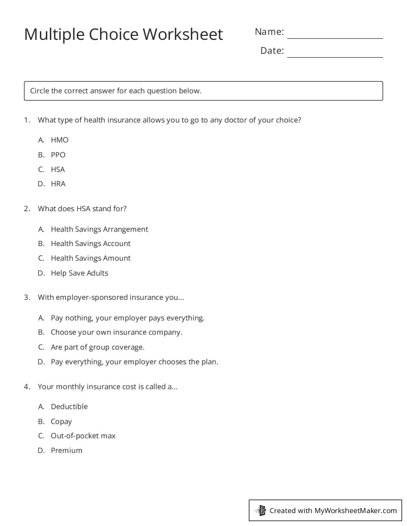 Multiple Choice Worksheet - My Worksheet Maker: Create Your Own Worksheets