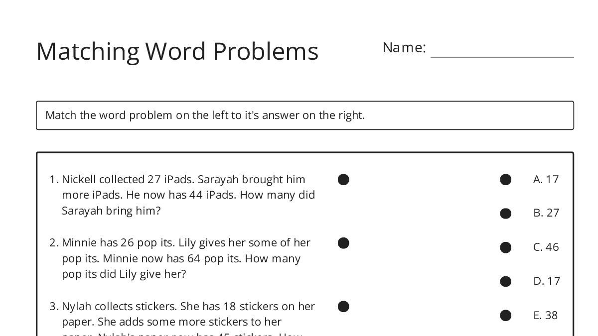 Matching Word Problems - My Worksheet Maker: Create Your Own Worksheets