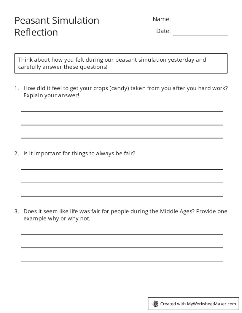 Peasant Simulation Reflection - My Worksheet Maker: Create Your Own Worksheets