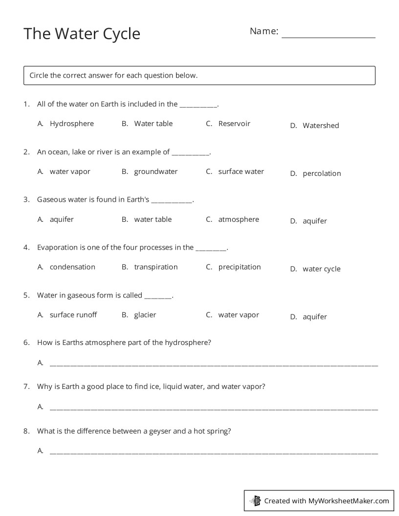 The Water Cycle - My Worksheet Maker: Create Your Own Worksheets