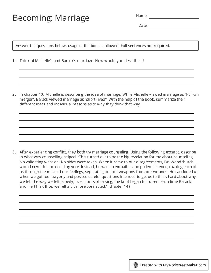 Becoming: Marriage - My Worksheet Maker: Create Your Own Worksheets