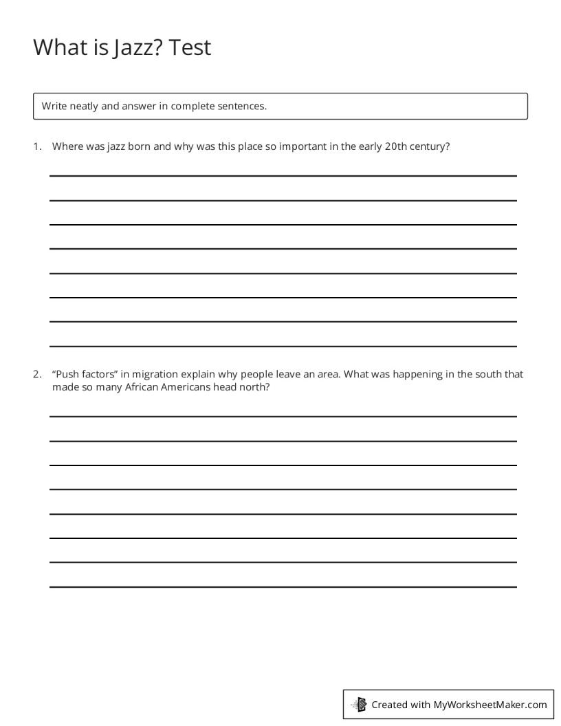 What is Jazz? Test - My Worksheet Maker: Create Your Own Worksheets