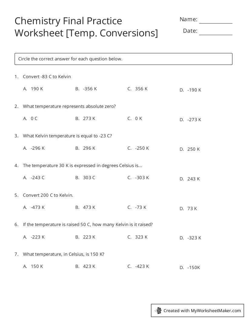 Chemistry Final Practice Worksheet [Temp. Conversions] - My Worksheet ...
