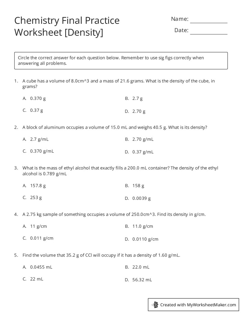 Density Problems Worksheet