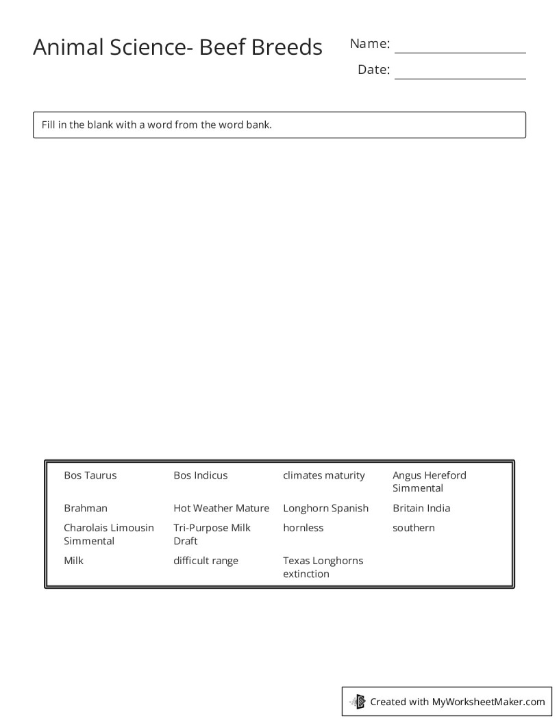 Animal Science- Beef Breeds - My Worksheet Maker: Create Your Own ...