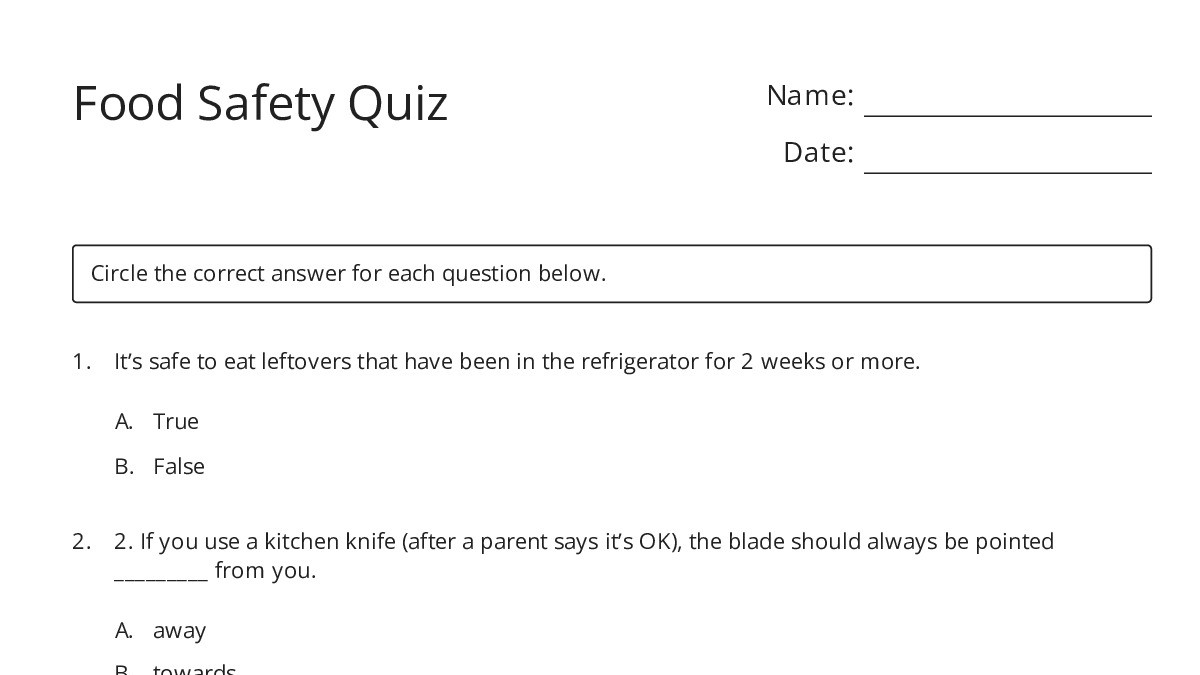 Food Safety Quiz - My Worksheet Maker: Create Your Own Worksheets