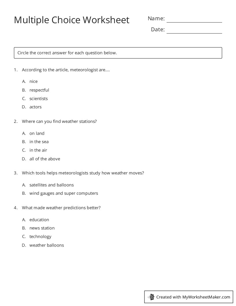 Multiple Choice Worksheet - My Worksheet Maker: Create Your Own Worksheets