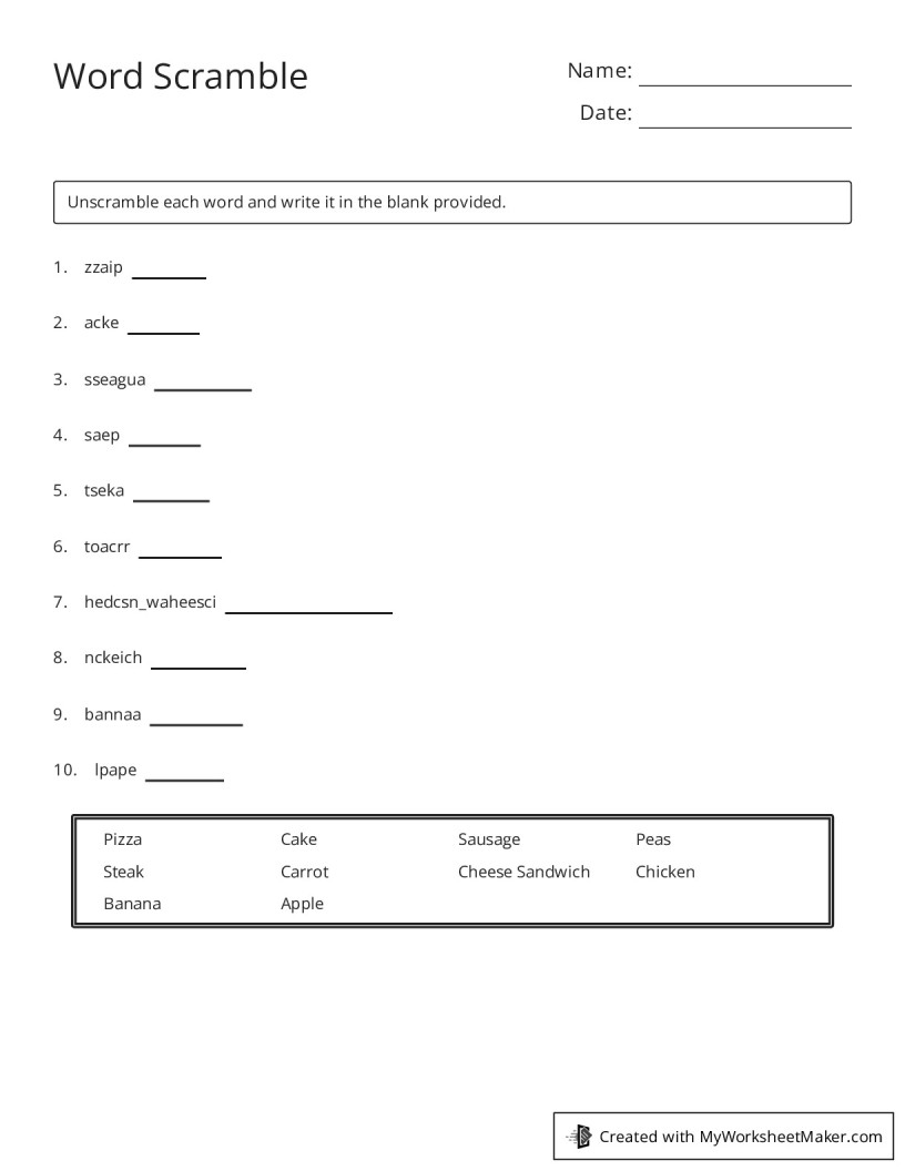 Word Scramble - My Worksheet Maker: Create Your Own Worksheets