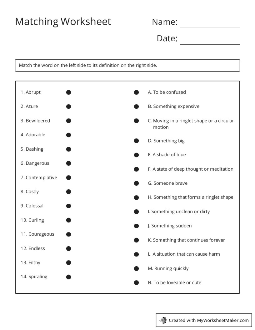 Matching Worksheet - My Worksheet Maker: Create Your Own Worksheets