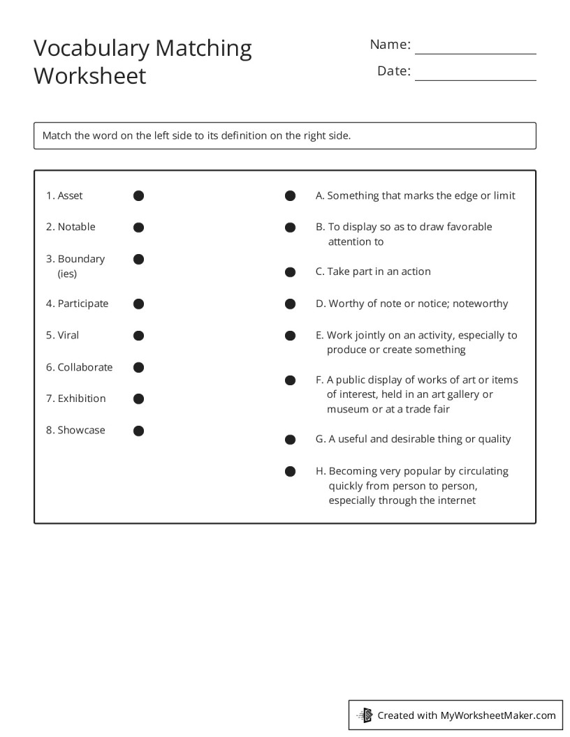 Vocabulary Matching Worksheet - My Worksheet Maker: Create Your Own ...