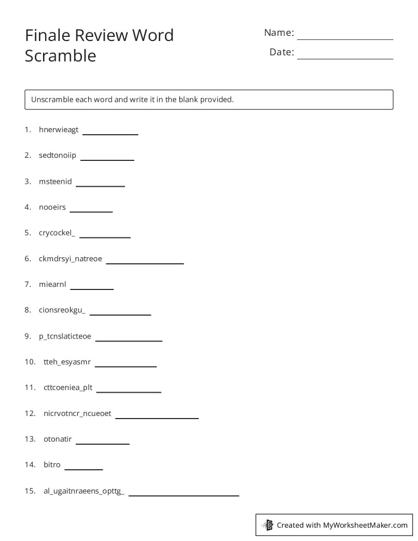 Finale Review Word Scramble - My Worksheet Maker: Create Your Own ...