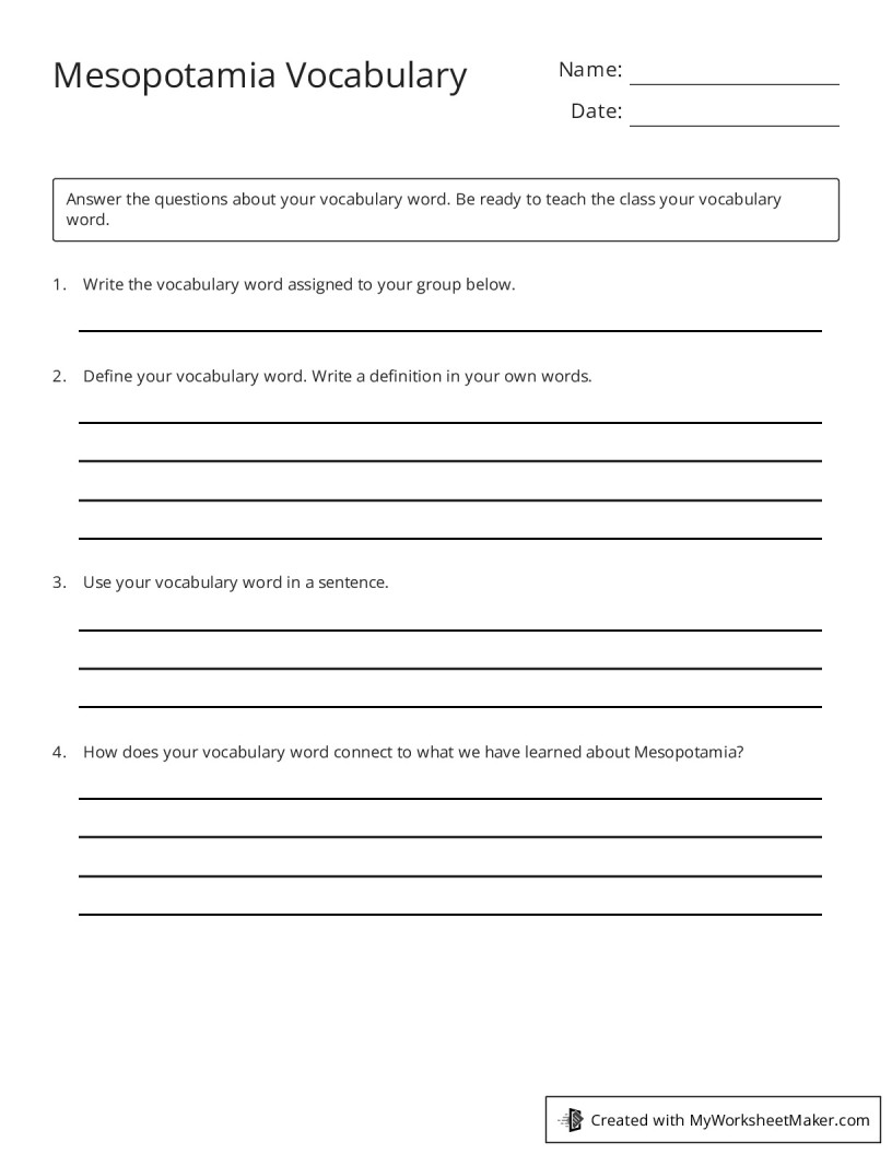 Mesopotamia Vocabulary - My Worksheet Maker: Create Your Own Worksheets