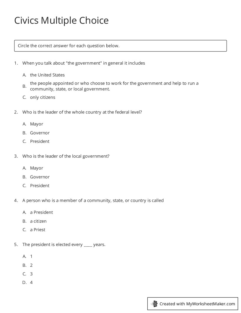 Civics Multiple Choice - My Worksheet Maker: Create Your Own Worksheets