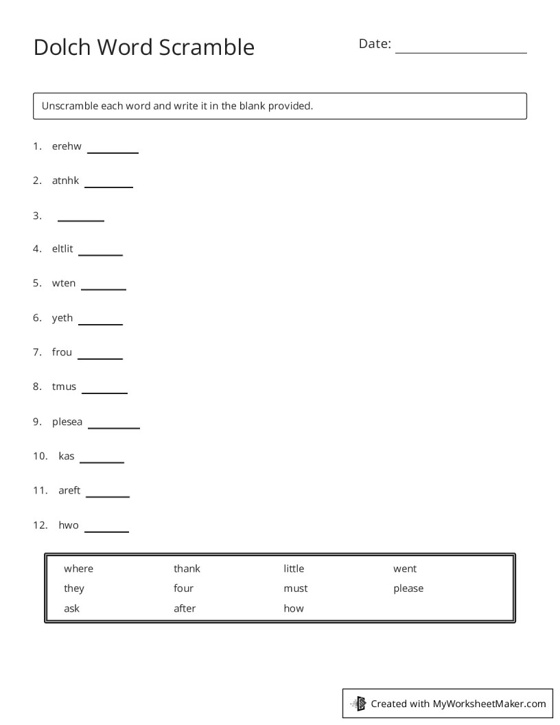 Dolch Word Scramble - My Worksheet Maker: Create Your Own Worksheets
