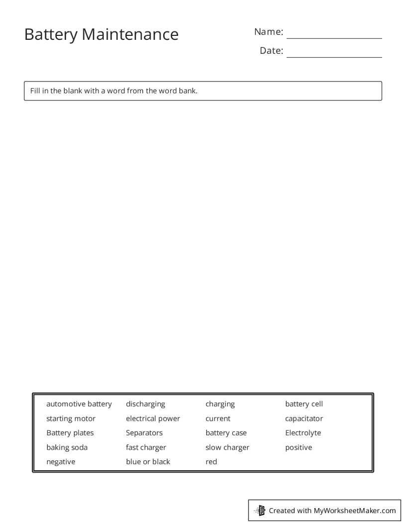 Battery Maintenance - My Worksheet Maker: Create Your Own Worksheets