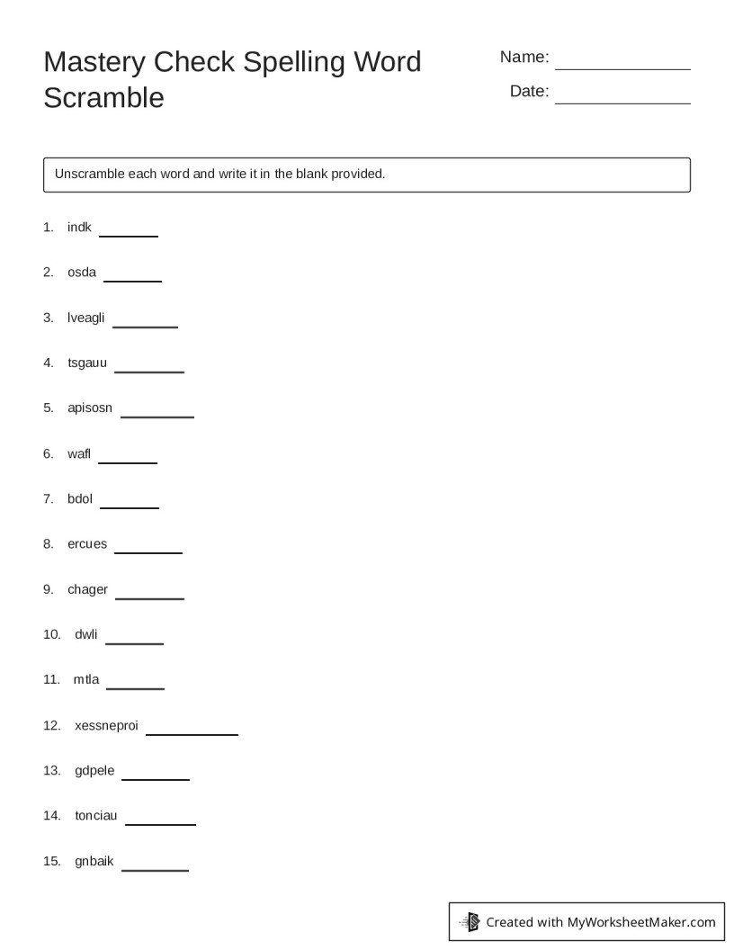 Mastery Check Spelling Word Scramble - My Worksheet Maker: Create Your ...