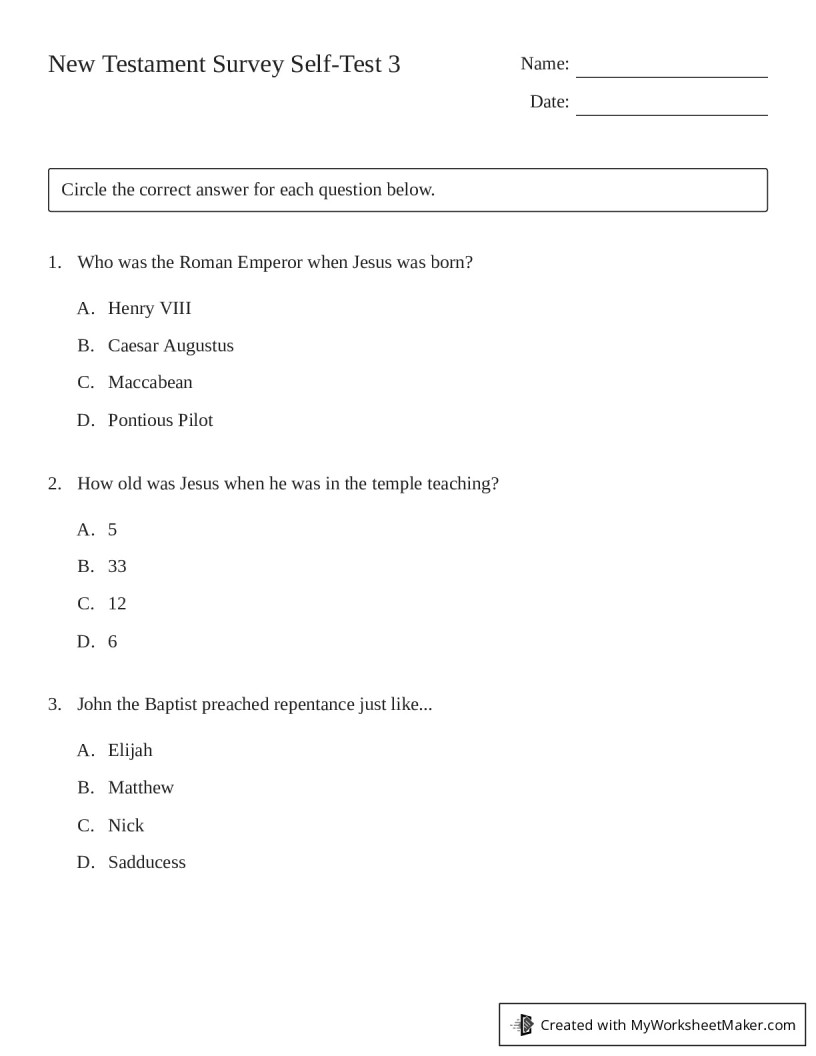 New Testament Survey Self-Test 3 - My Worksheet Maker: Create Your Own ...