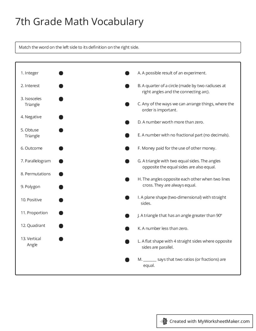 7th Grade Math Vocabulary - My Worksheet Maker: Create Your Own Worksheets