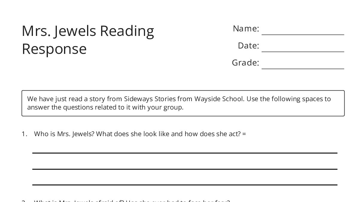 Mrs. Jewels Reading Response - My Worksheet Maker: Create Your Own ...