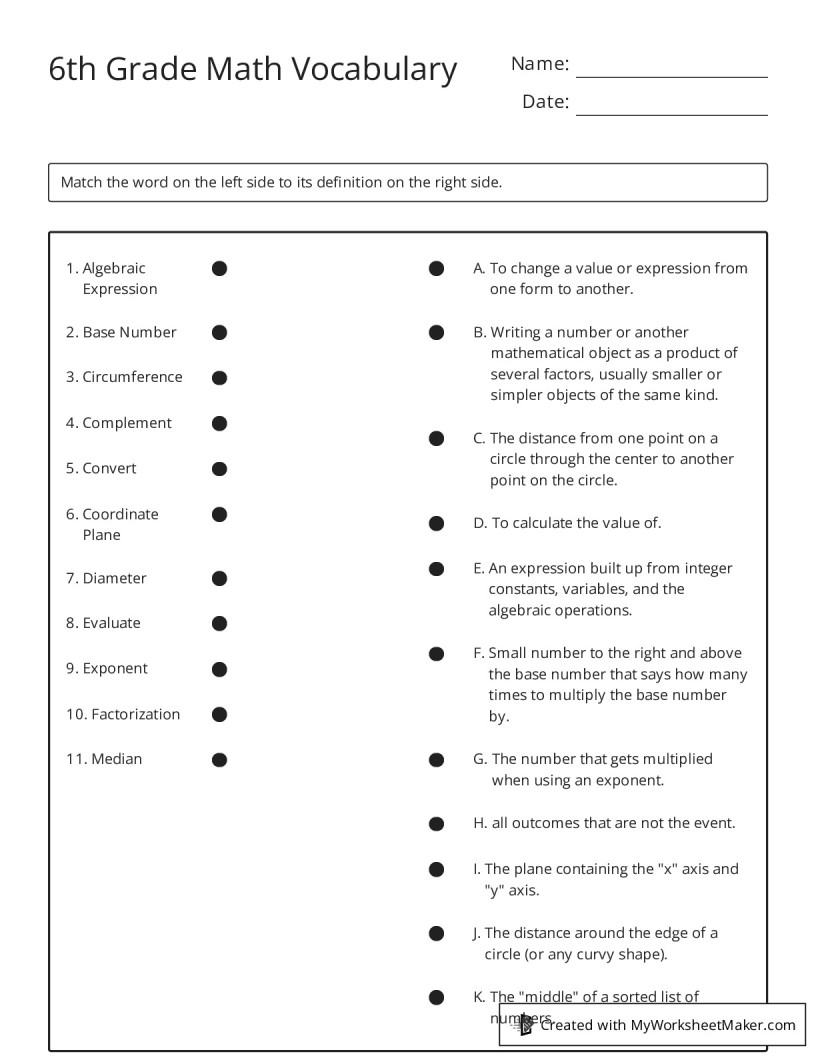 6th Grade Math Vocabulary - My Worksheet Maker: Create Your Own Worksheets