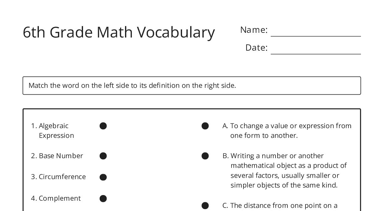 6th Grade Math Vocabulary - My Worksheet Maker: Create Your Own Worksheets