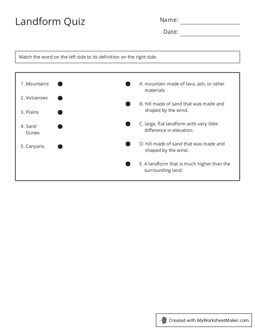 Landform Quiz - My Worksheet Maker: Create Your Own Worksheets