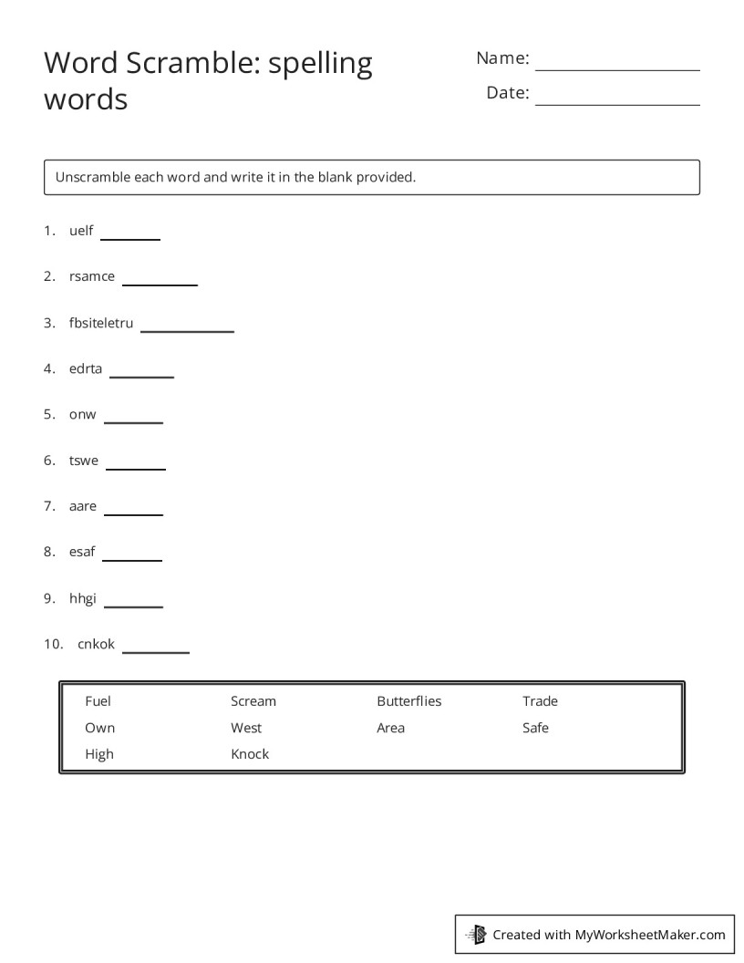 Word Scramble: spelling words - My Worksheet Maker: Create Your Own ...