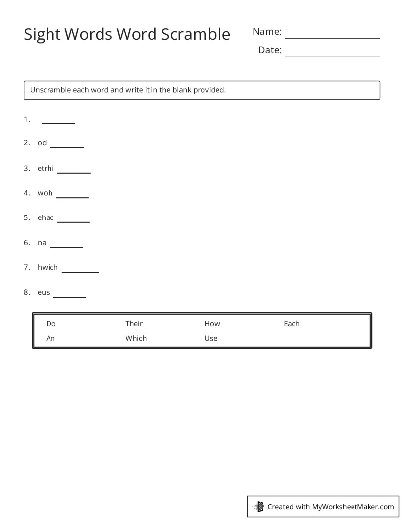 Sight Words Word Scramble - My Worksheet Maker: Create Your Own Worksheets