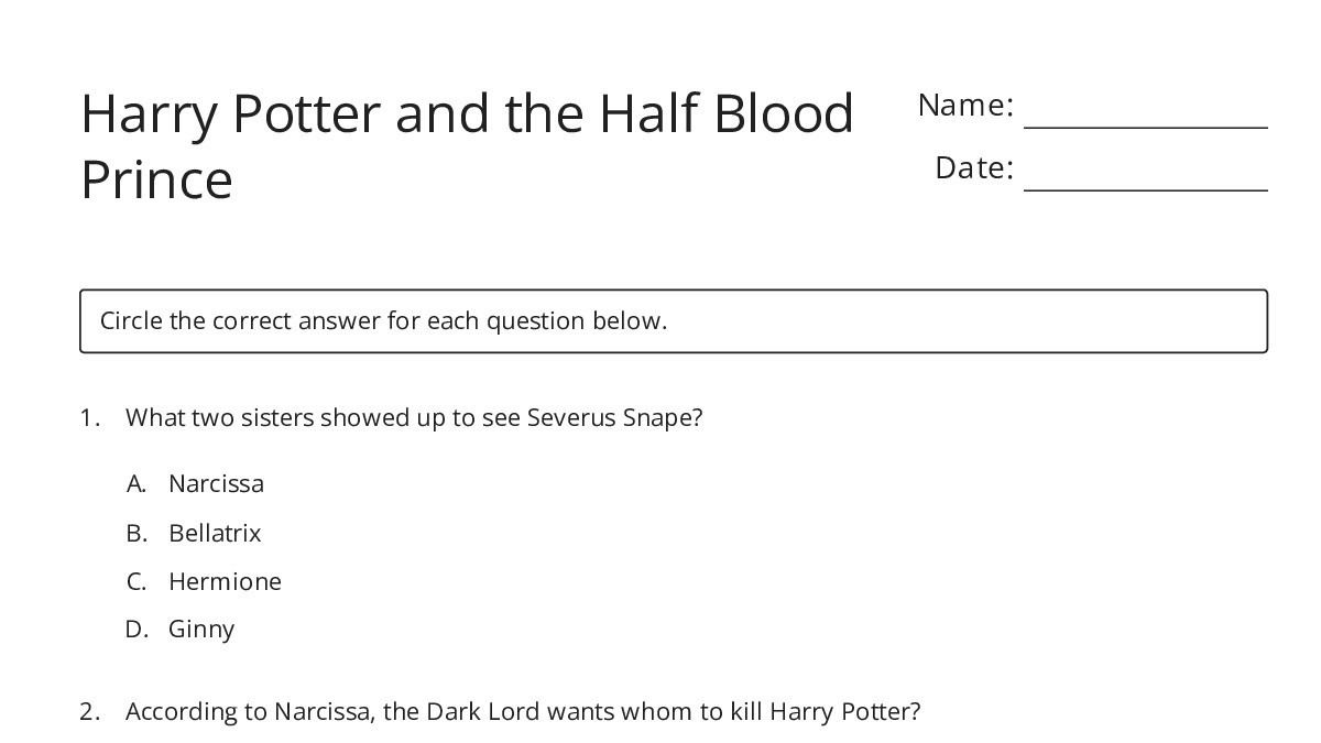 Harry Potter and the Half Blood Prince - My Worksheet Maker: Create ...